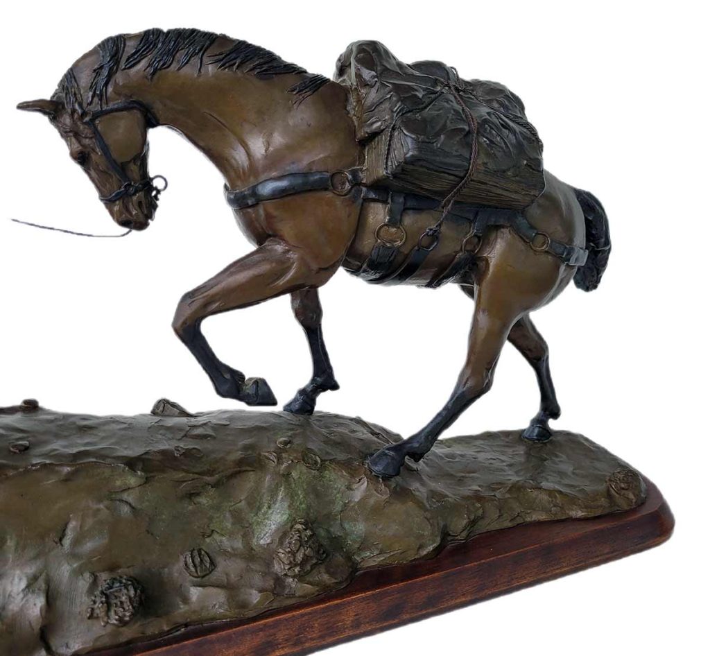 Bob Parks bronze sculpture | Topping Out a pack horse
